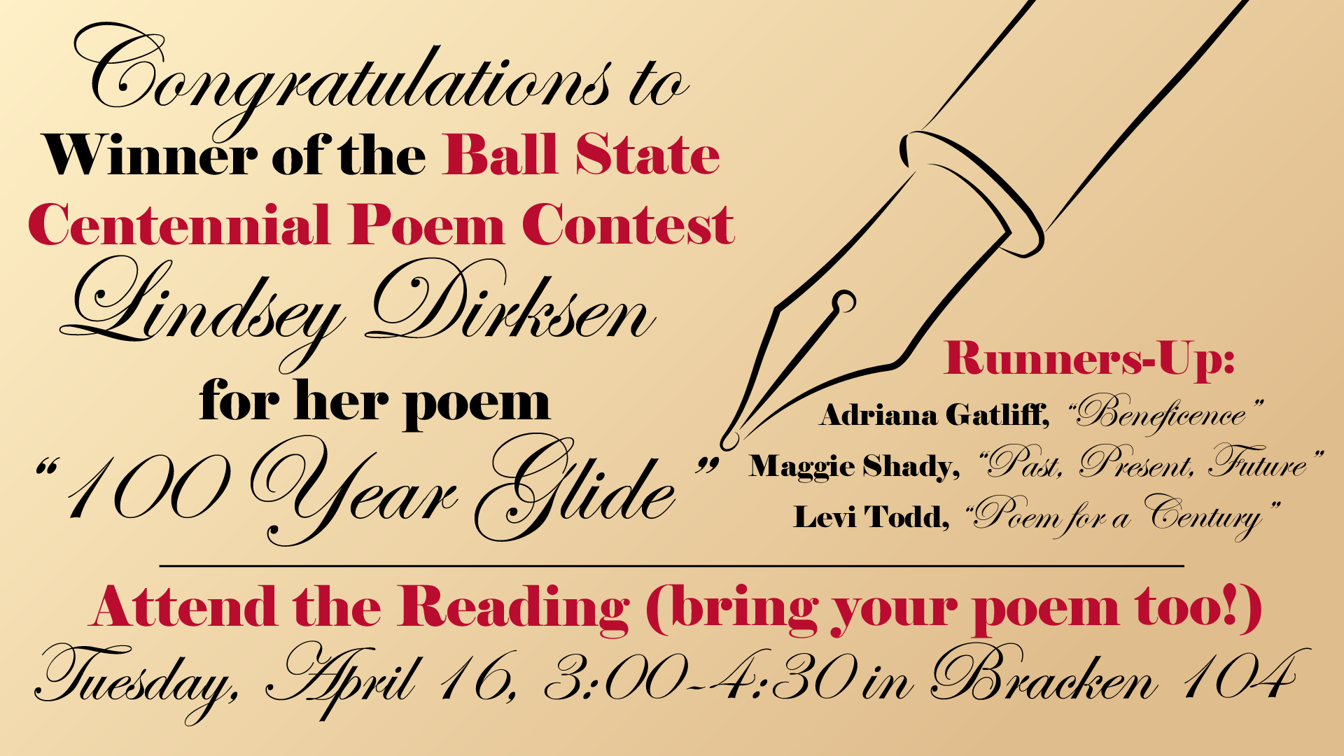 Centennial Poem Winner...and a Reading! - Ball State English Department